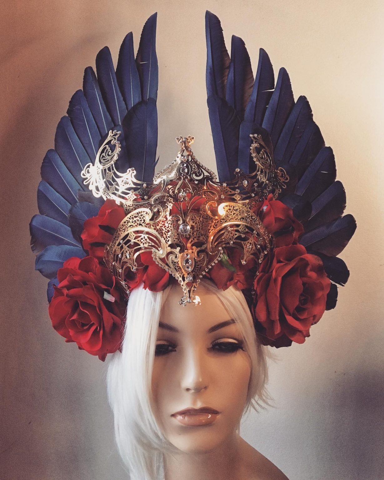 SOLD Kinaree Red Roses and Macaw Feather Headdress - Serpentfeathers